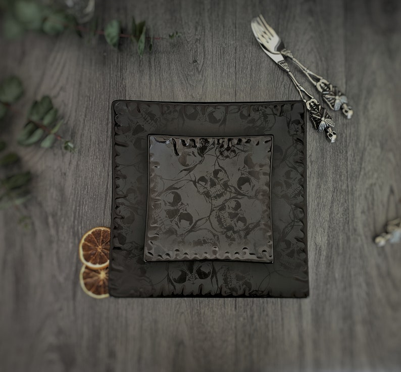 Skull Plate Set Matte Black Square Gothic Lunch Alternative - Etsy