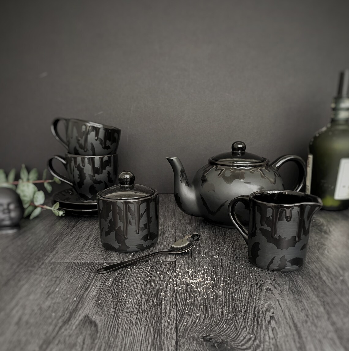 Bat Tea Set Matte Black Bats Goth Teaset Gothic Halloween - Etsy