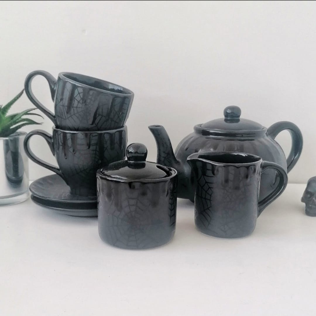 Goth Web Tea Set, Gothic Matte Black, Gloss Drip, Ceramic Teaset, Cup ...