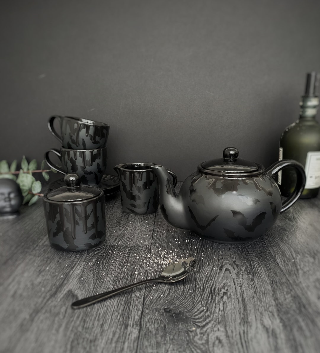 Bat Tea Set, Matte Black Bats, Goth Teaset, Gothic Halloween Ceramic ...