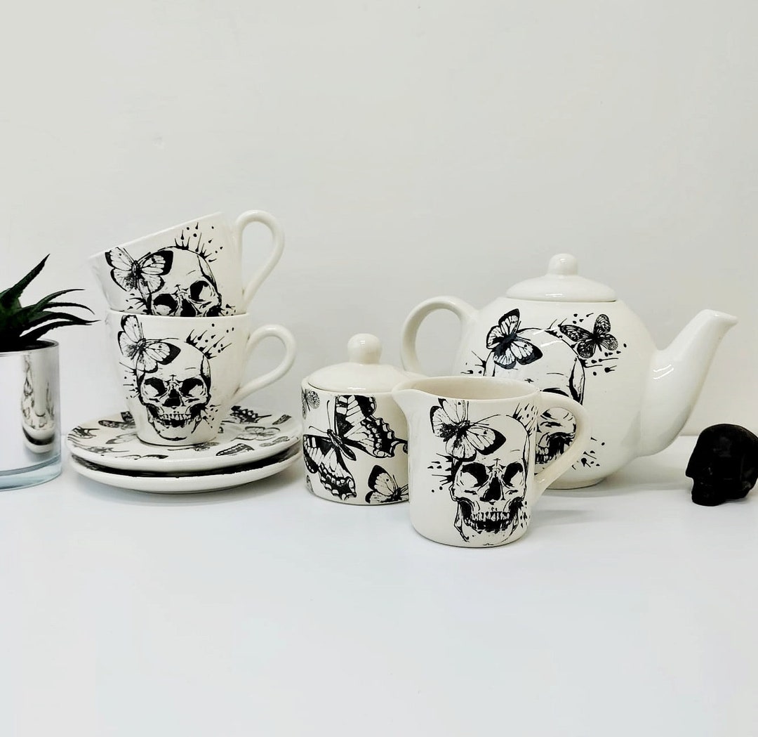 Gothic Tea Set, Skull and Butterfly, Ceramic Teaset, Goth Cup Saucer ...