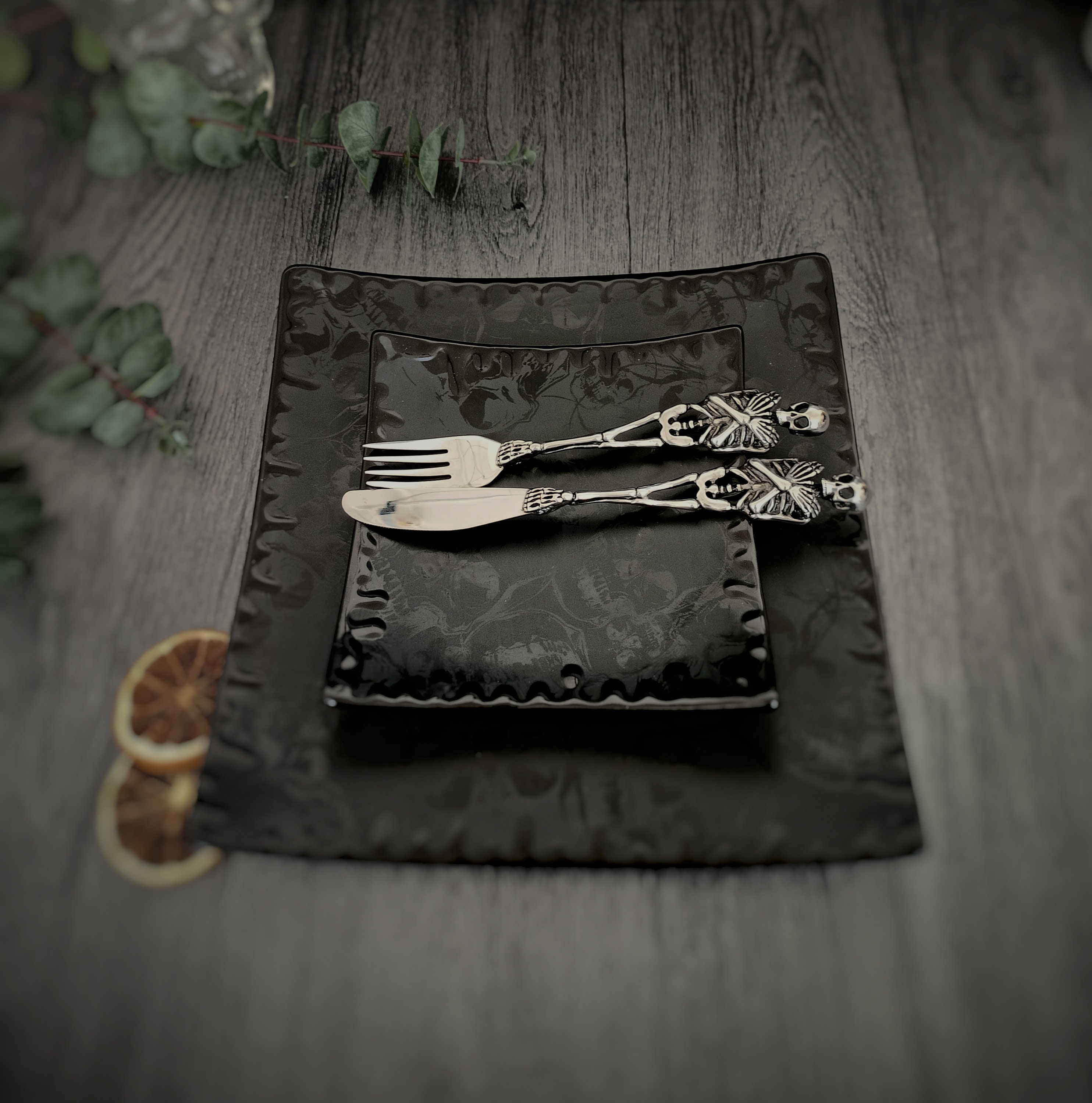 Skull Plate Set, Matte Black, Square Gothic Lunch, Alternative Dinner ...