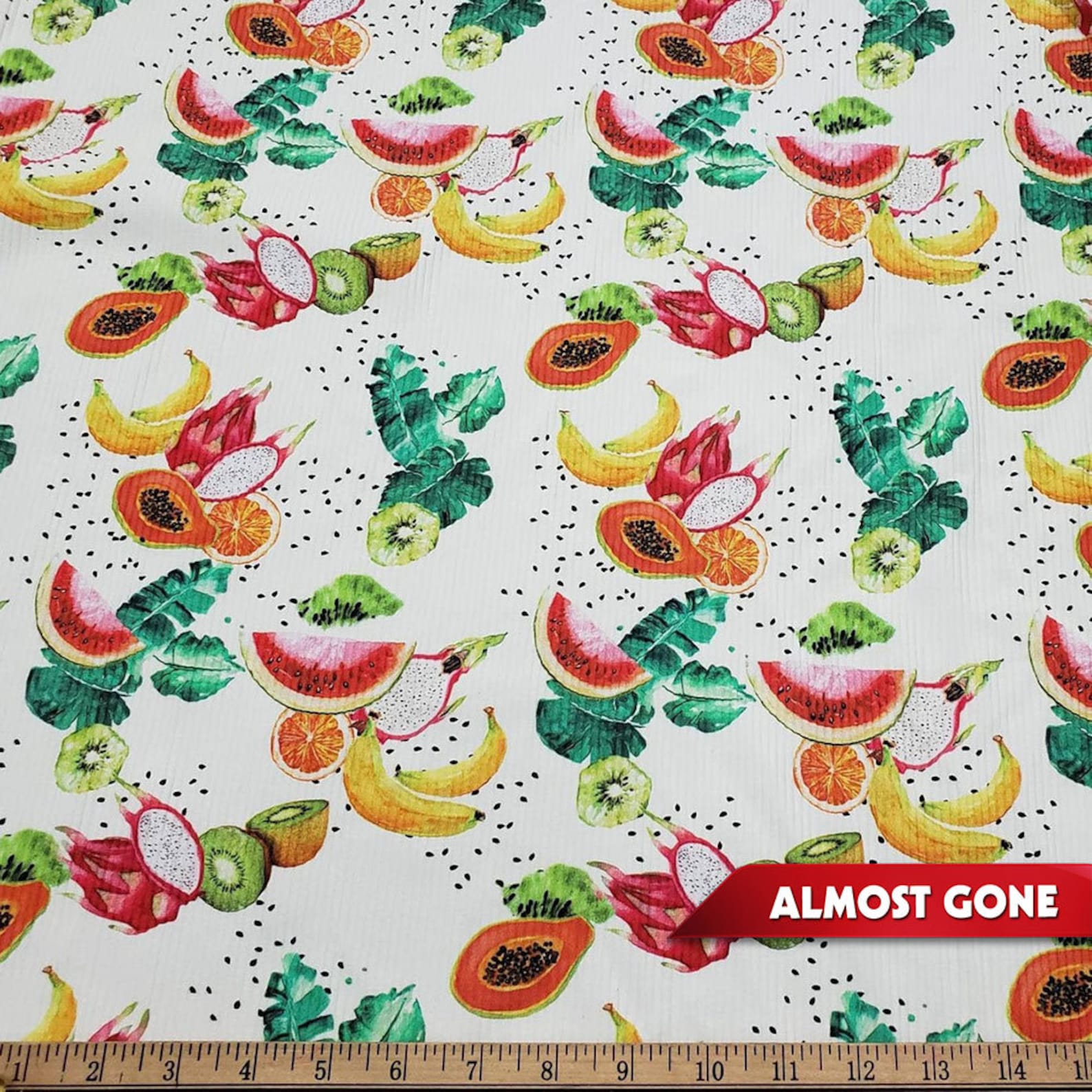 Tropical Fruits on Ivory Ribbed Swimsuit Spandex Fabric, 45" Wide by ...