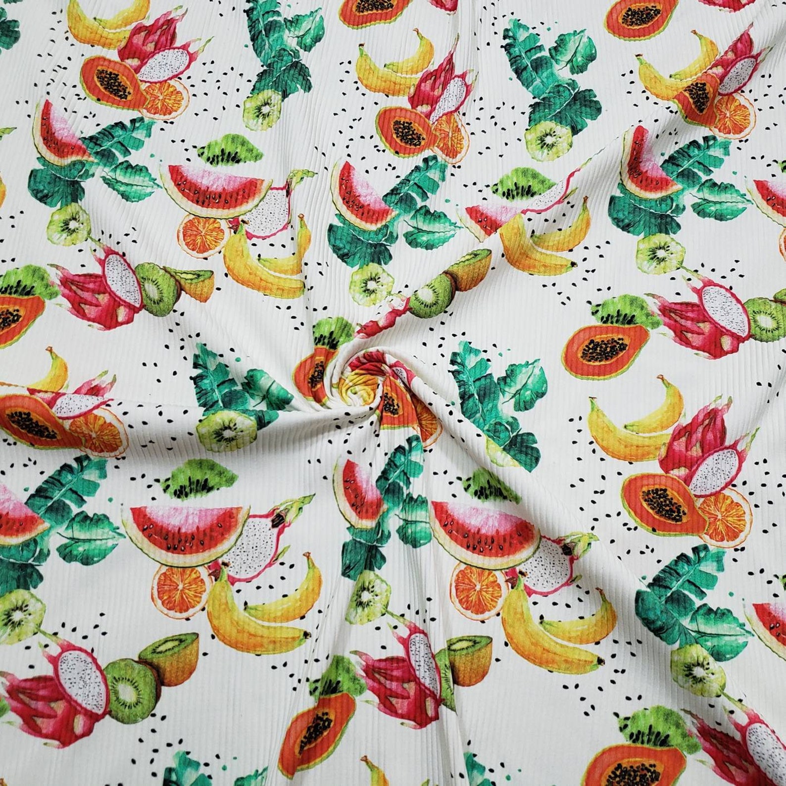 Tropical Fruits on Ivory Ribbed Swimsuit Spandex Fabric, 45" Wide by ...