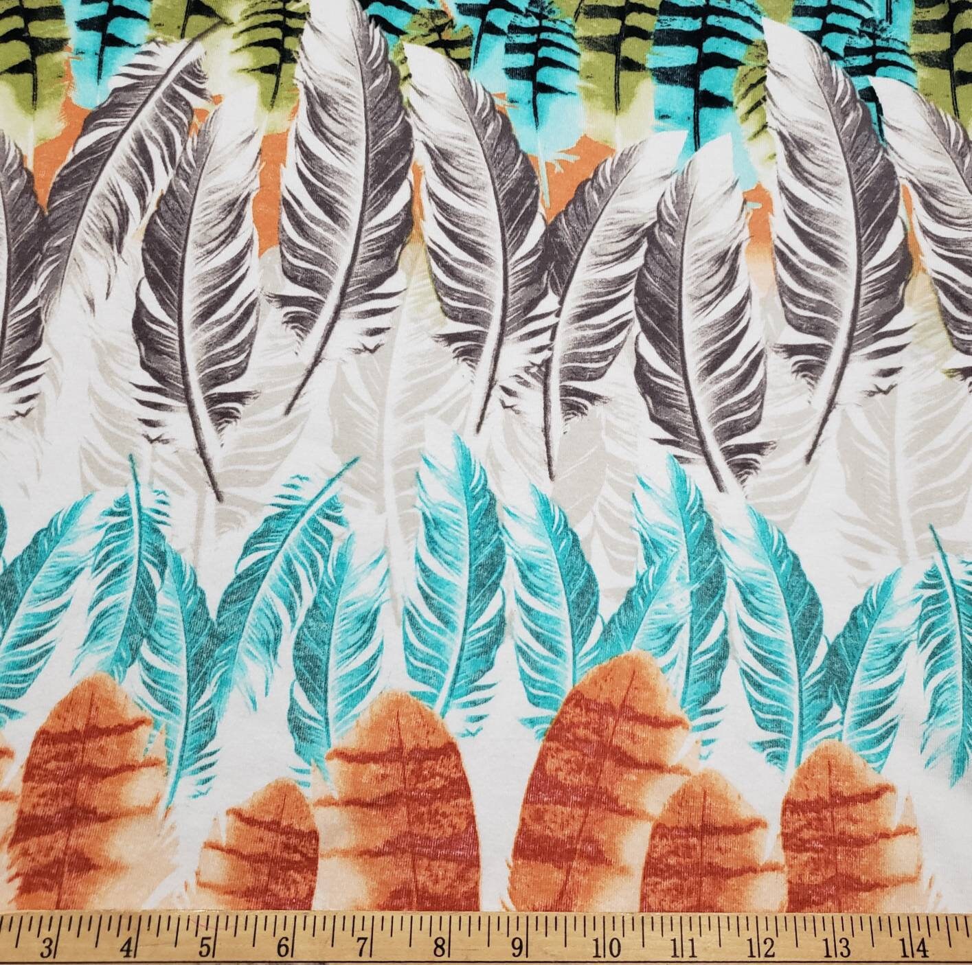 Colorful Feathers and Leaves Sketches on White Cotton Rib | Etsy