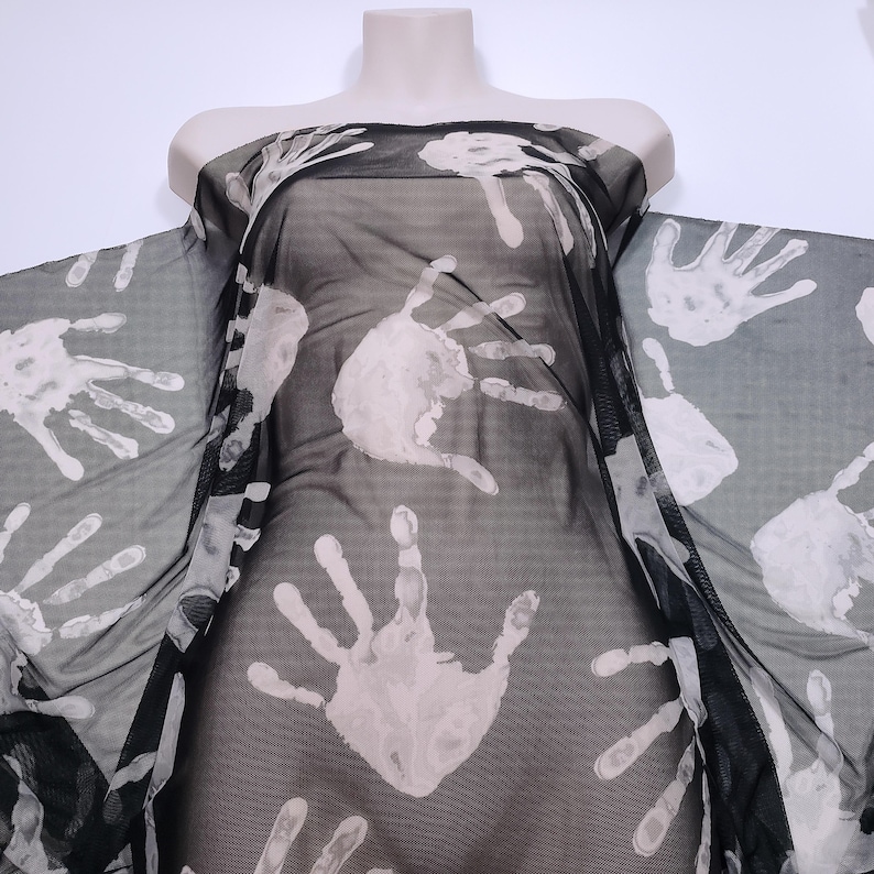 Gray Handprint Power Mesh Fabric – 4-way Stretch Nylon Spandex - Etsy