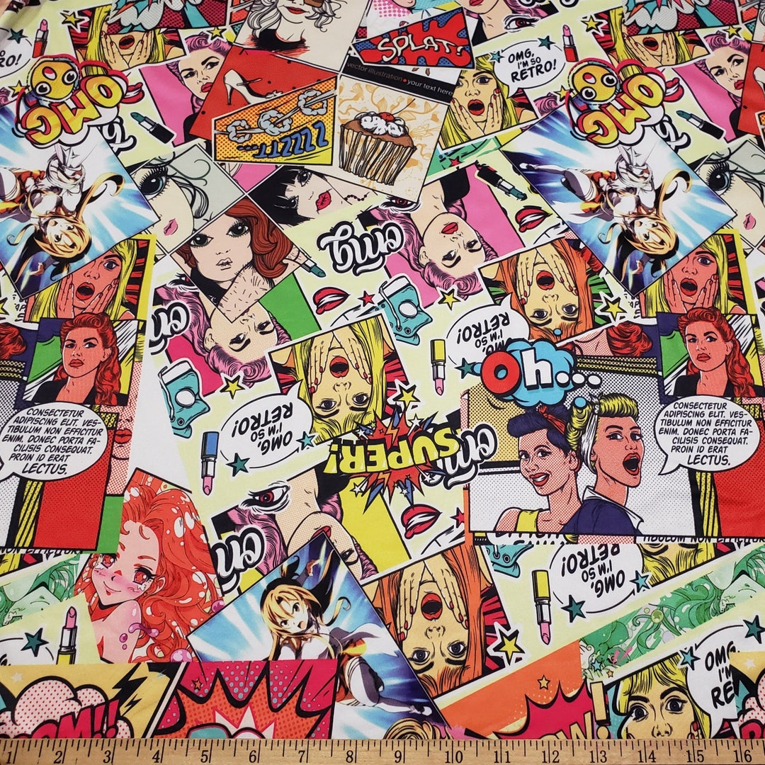 Girls and Women's Pop Art Collage Print DTY Poly Spandex Knit Fabric ...