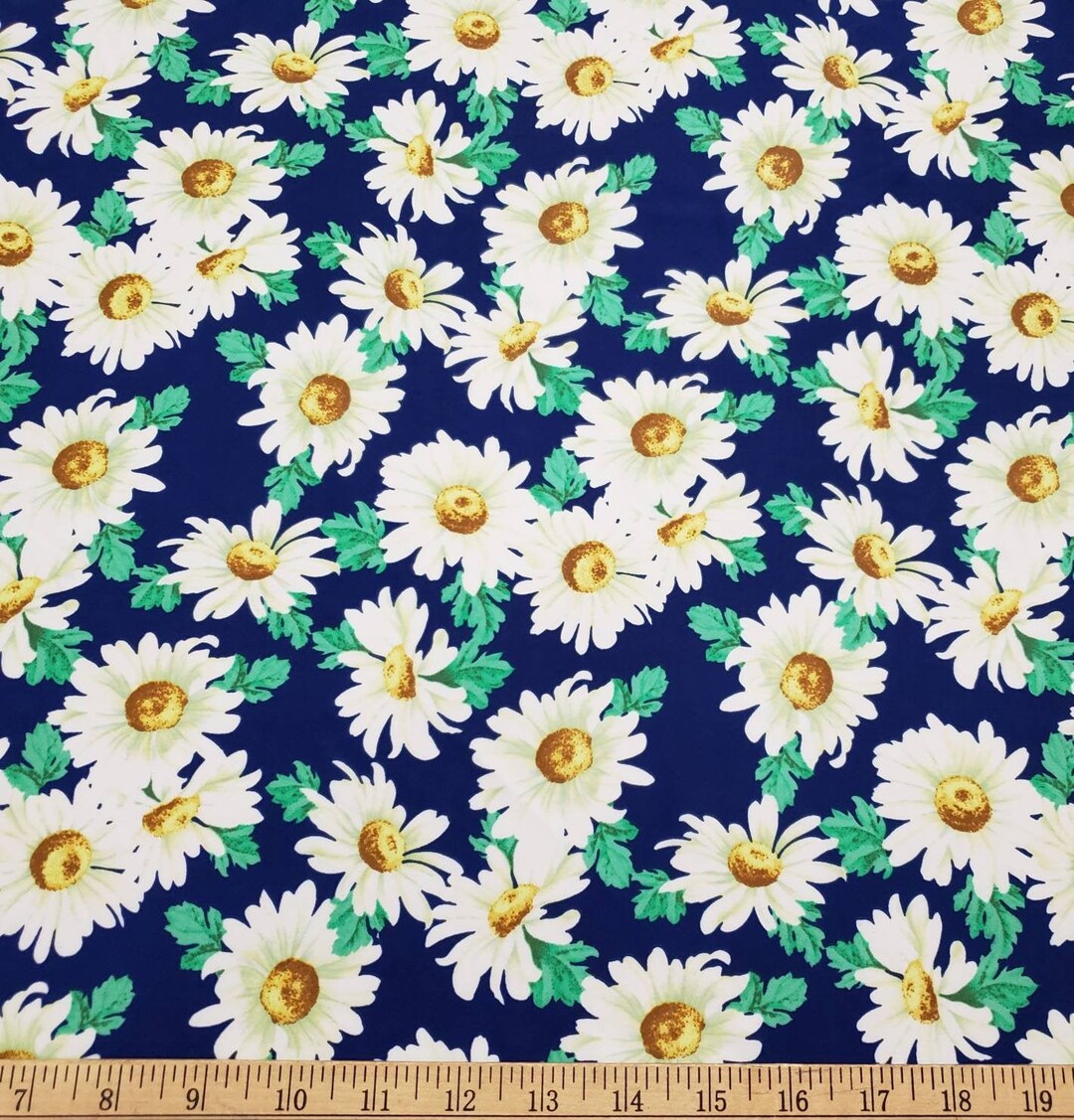 Daisy Delight: Navy Blue Floral 4-way Stretch Nylon Spandex Fabric - Etsy