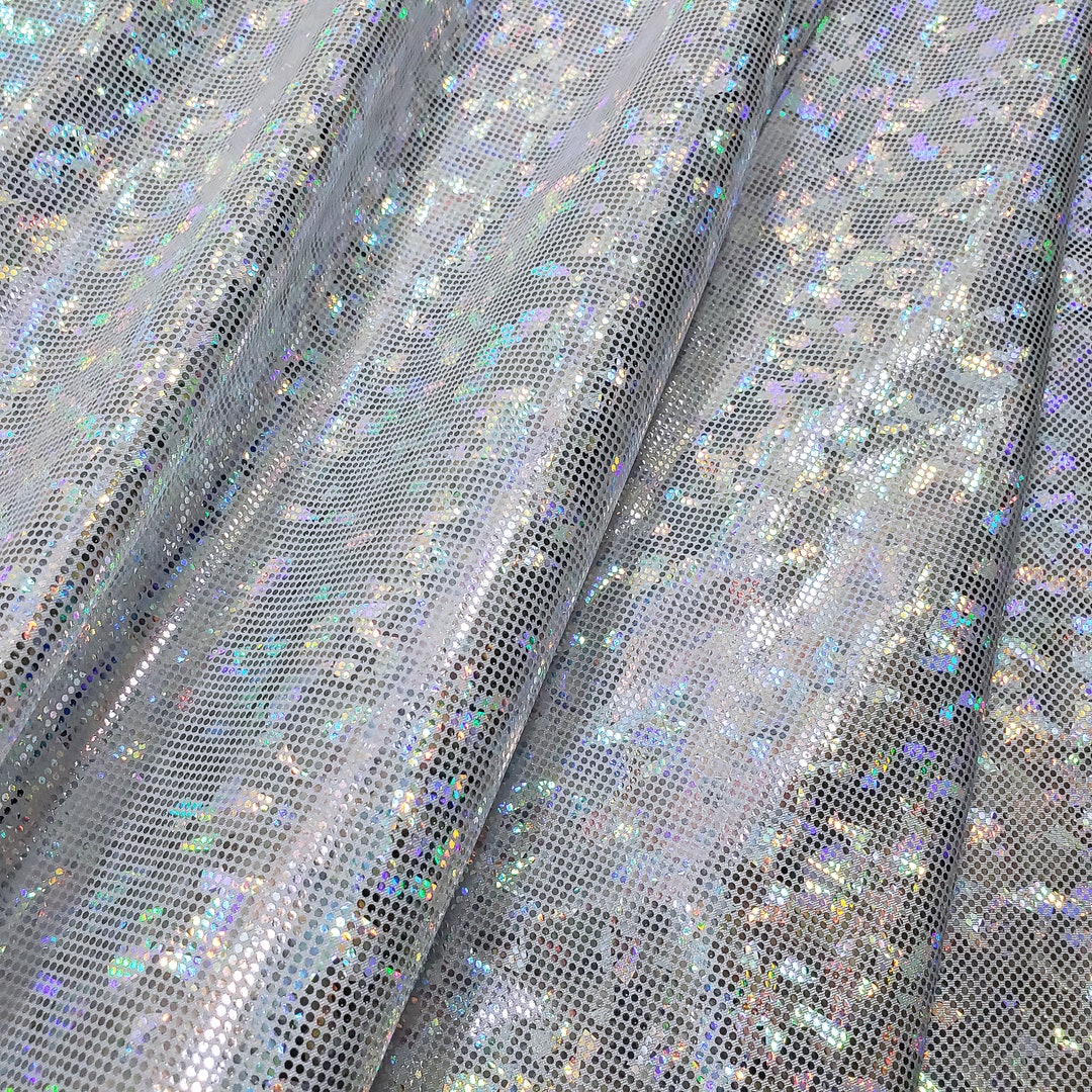 Silver Iridescent Shattered Glass Spandex Fabric: 4-way Stretch ...