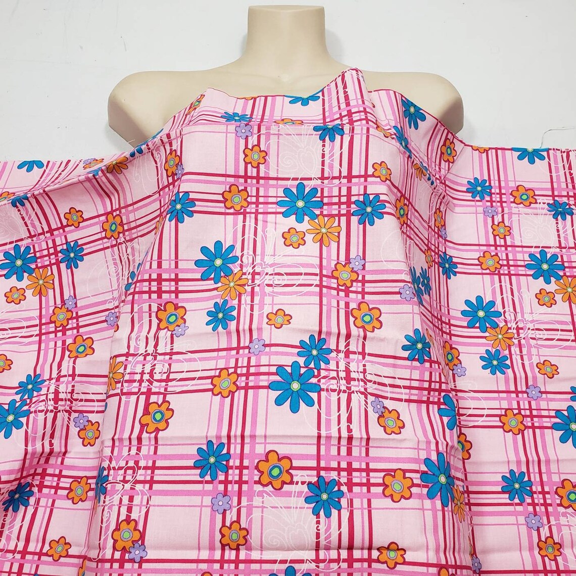 Pink Plaid With Flowers and Butterflies Print Cotton Fabric by the Yard ...
