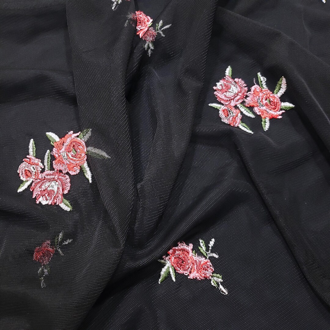 Pink Embroidered Roses Mesh Fabric – 2-way Stretch Black Sheer Poly ...