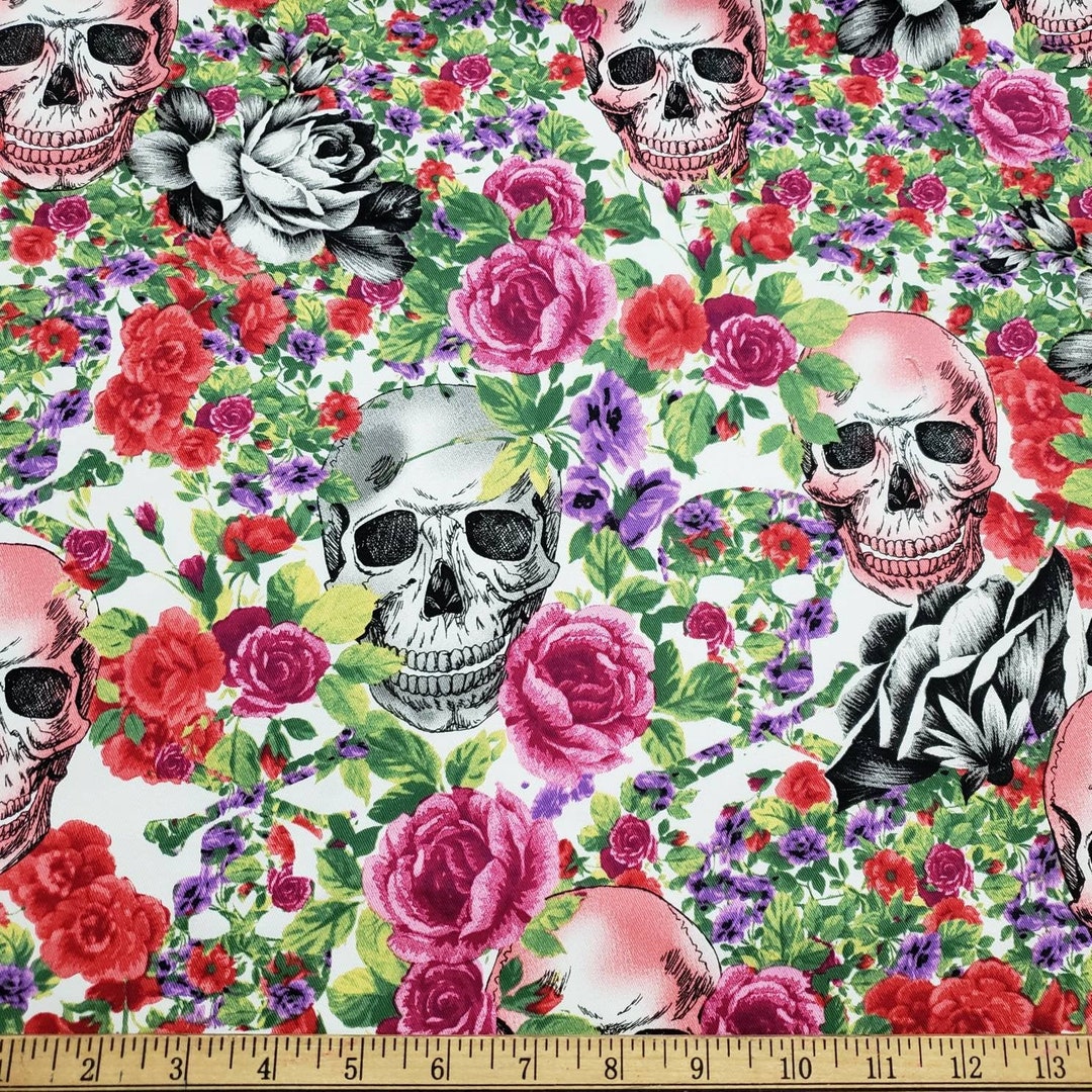 Skulls and Roses Print Cotton Stretch Twill Fabric by the Yard - Etsy
