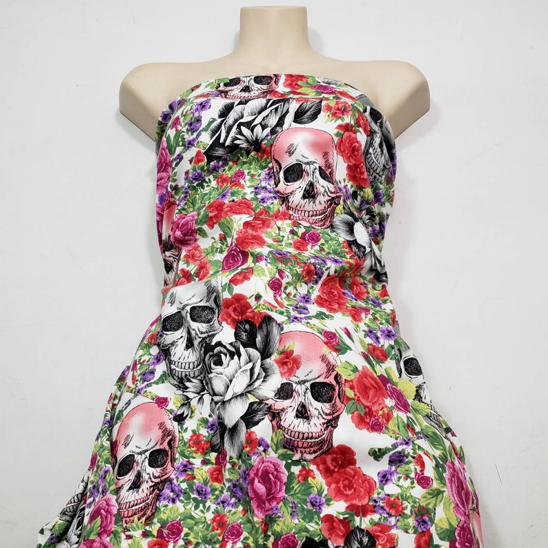 Skulls and Roses Print Cotton Stretch Twill Fabric by the Yard - Etsy
