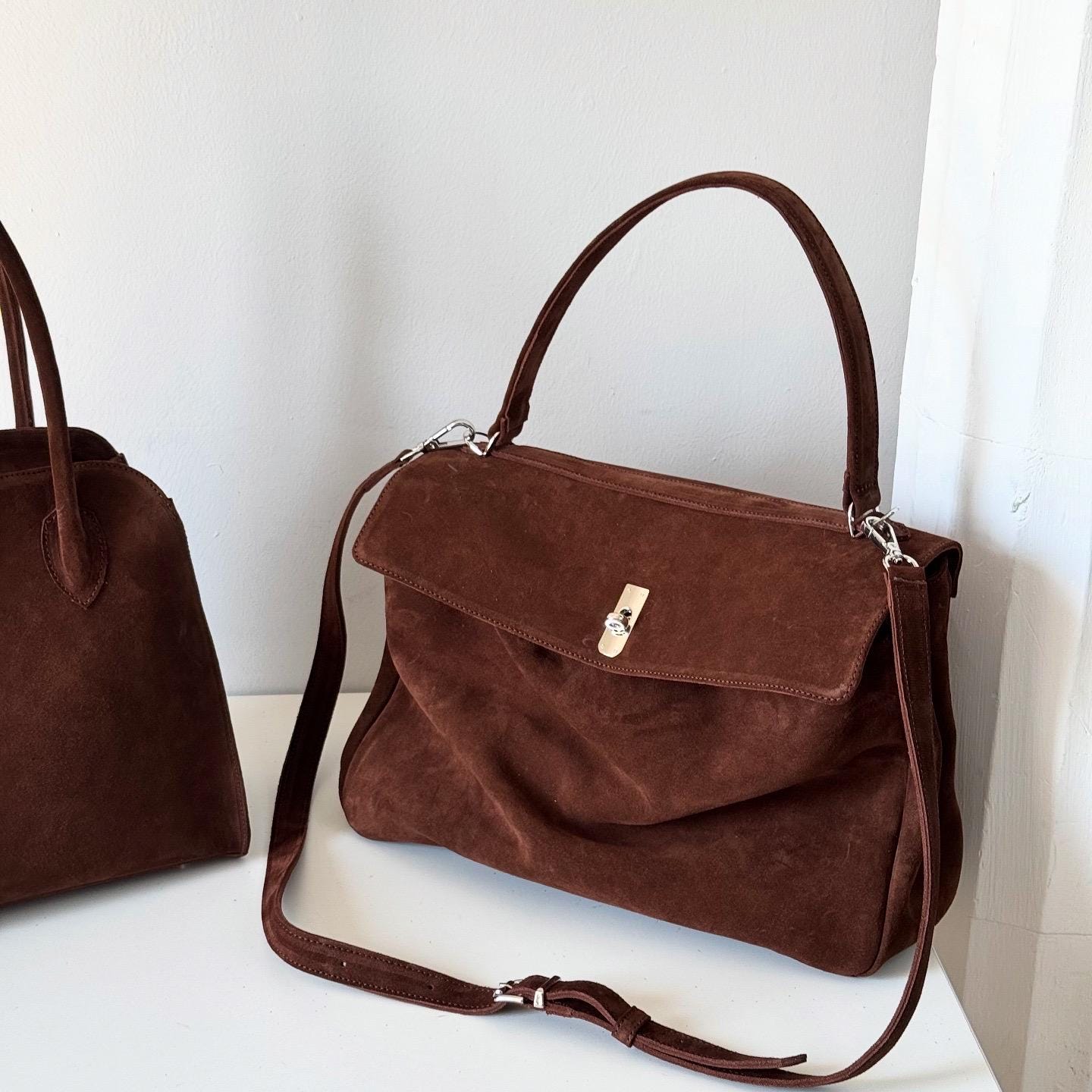 Designer Khaki Genuine Suede Bag - Handcrafted Purse for Women, Large ...