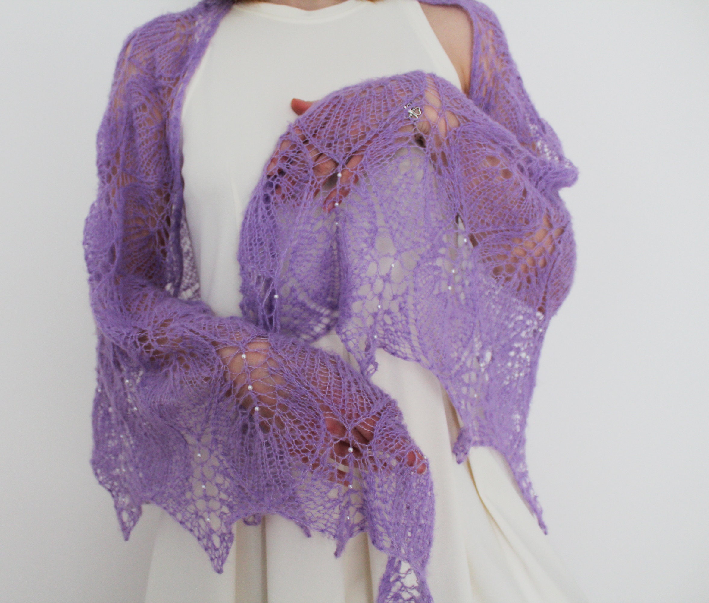 Knitted Shawl, Lilac Shawl, Wedding Wrap, Knit Shawl With Beads, Knit ...