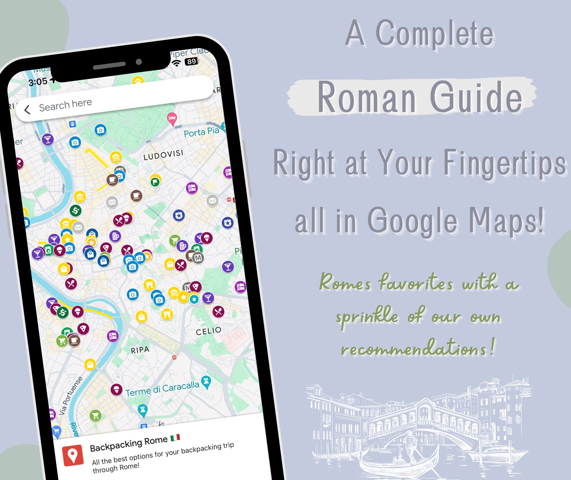 Rome, Italy Google Map Guide for Backpackers - Etsy