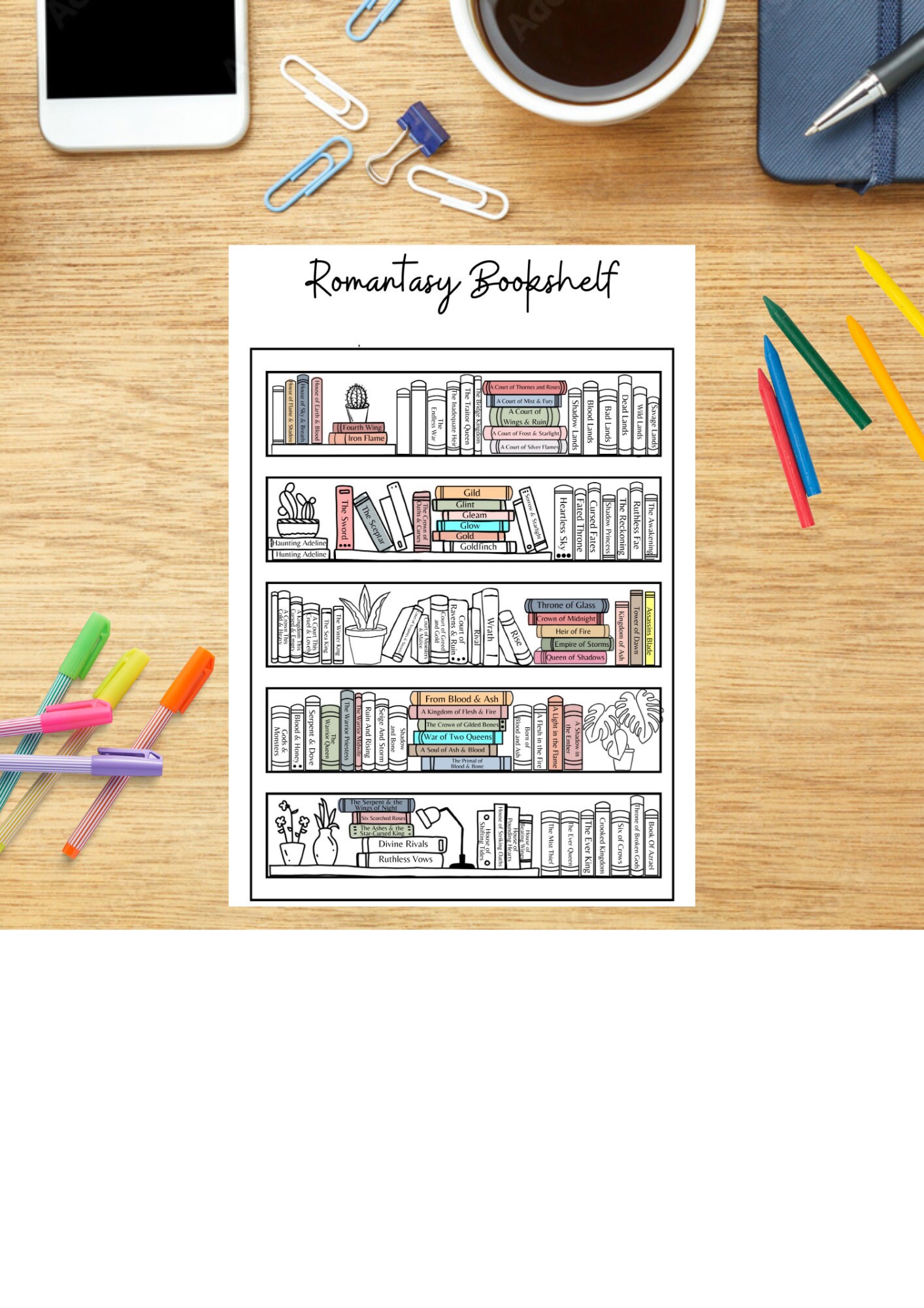 Romantasy Bookshelf Coloring Sheet! - PORTRAIT | Romance Fantasy ...