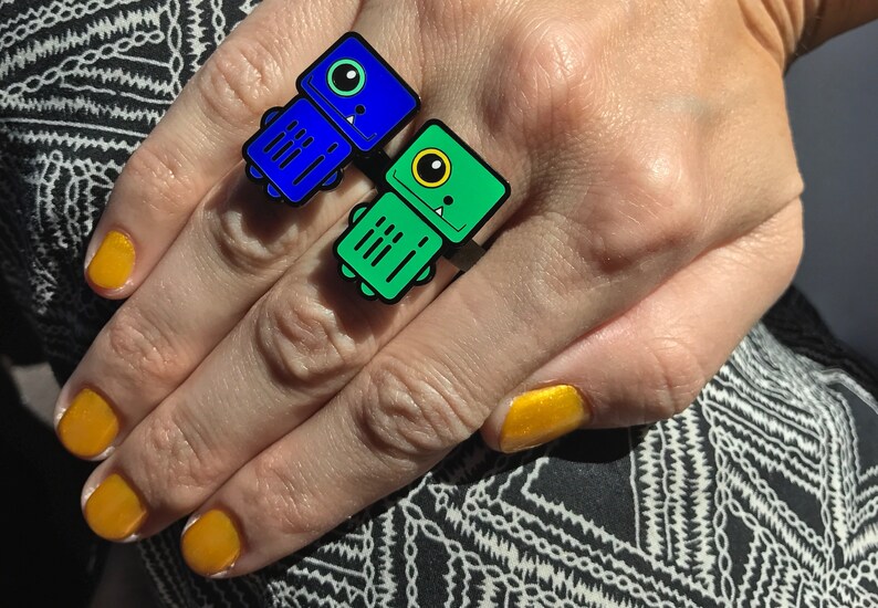 Ring Bundle, Robot Rings, Robot Jewelry, Adjustable Rings, Green/indigo ...