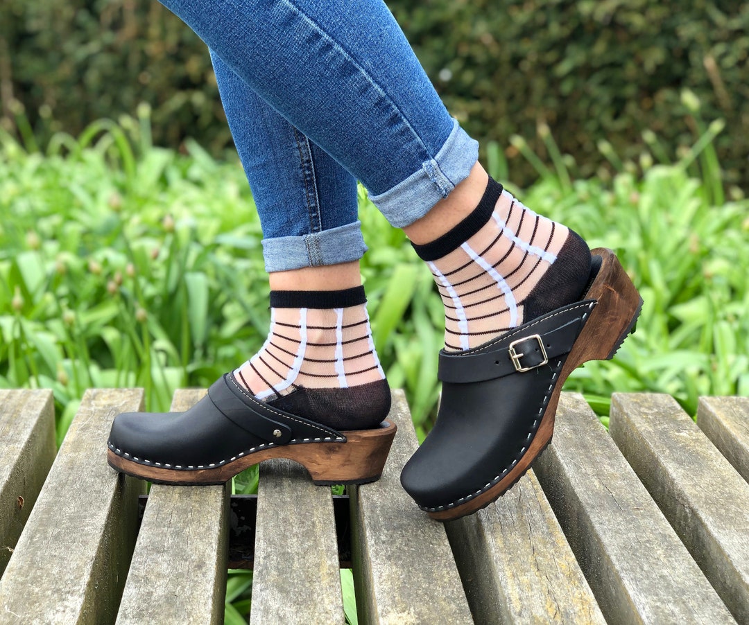 Swedish Clogs Mules in Black Leather on Brown Base With Strap by Lotta ...