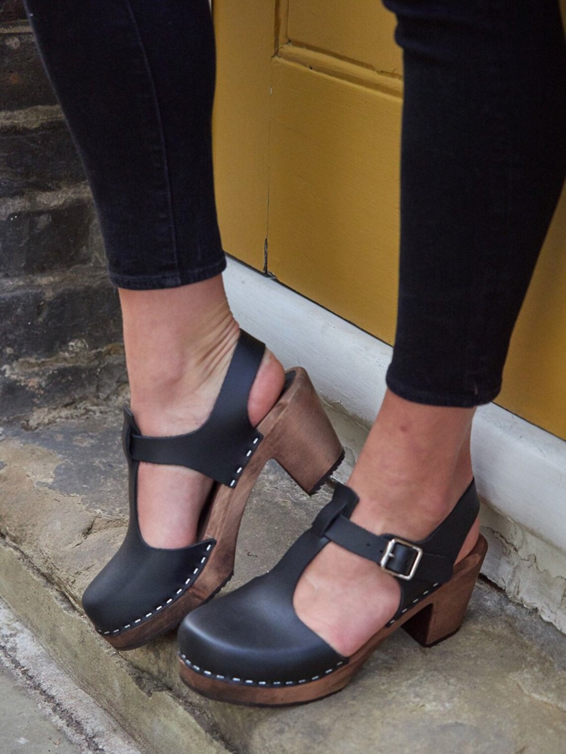 Swedish Clogs Sweden Highwood T-bar Black Leather by Lotta | Etsy UK