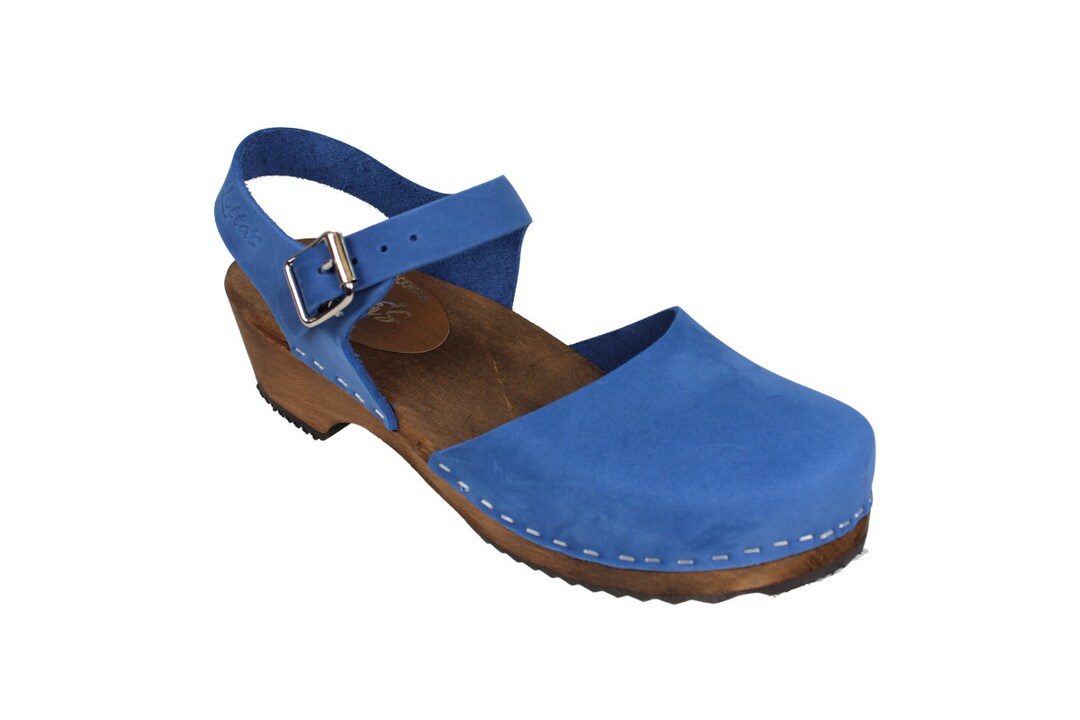 Swedish Clogs Low Wood Lazuli Blue Oiled Nubuck on Brown Base Lotta ...