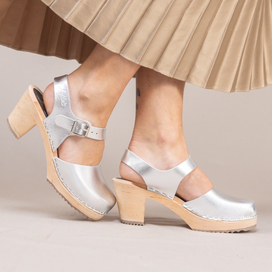Swedish Clogs Silver PU Leather Clogs by Lotta From Stockholm / Wooden ...