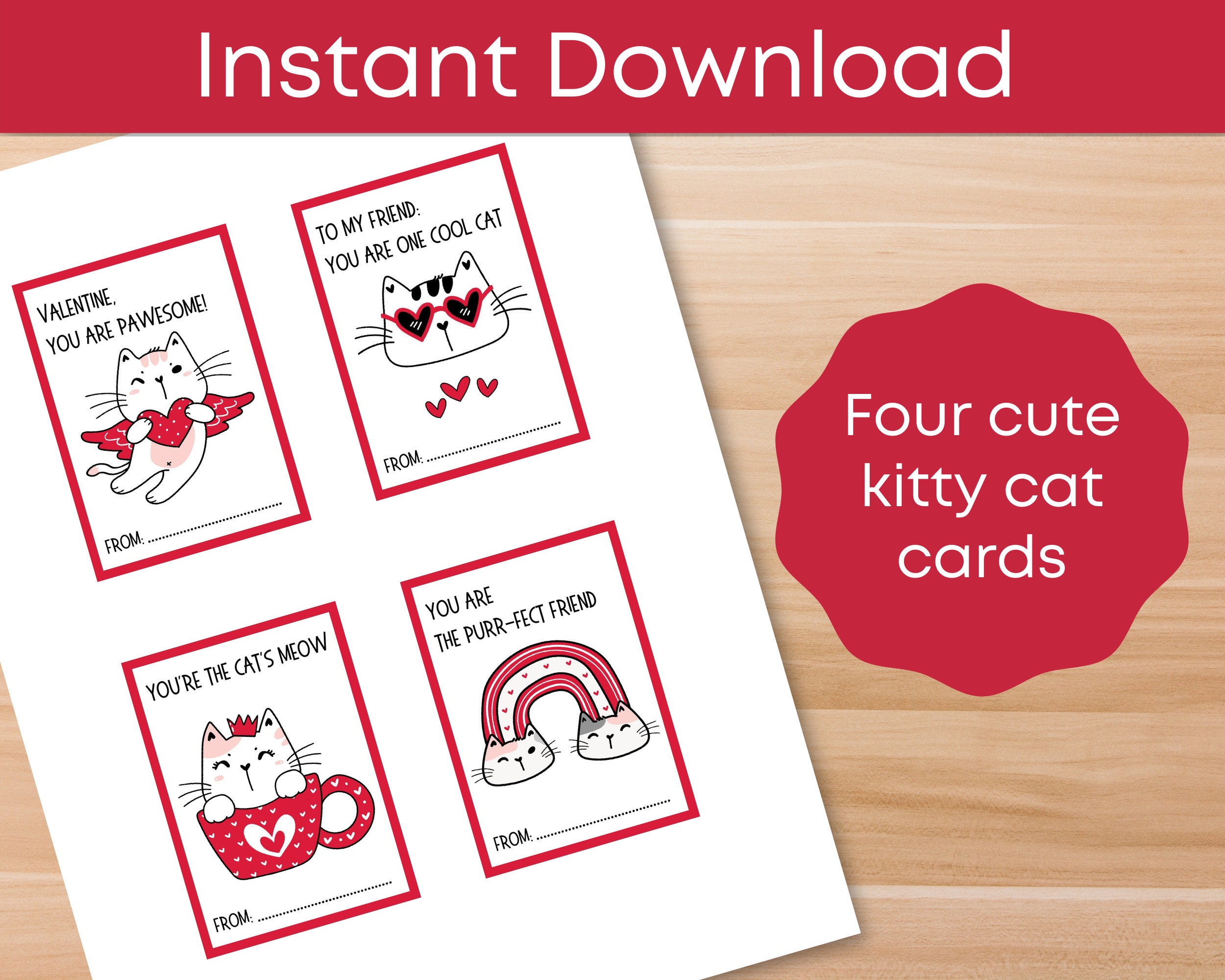 Printable Cat Valentine Cards, Kids Classroom Exchange, Instant ...