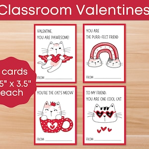 Printable Cat Valentine Cards, Kids Classroom Exchange, Instant ...