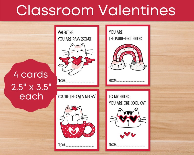 Printable Cat Valentine Cards, Kids Classroom Exchange, Instant ...