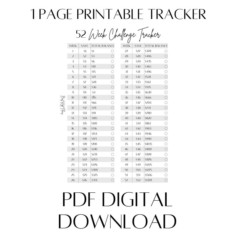 52 Week Challenge Tracker (printable) - Etsy