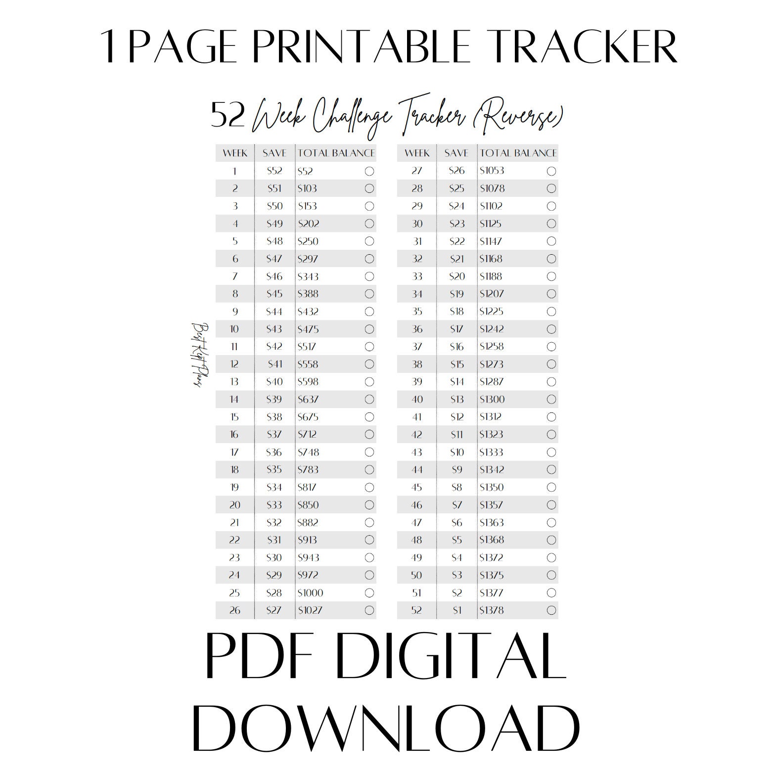 52 Week Challenge (REVERSE) Tracker (printable) - Etsy