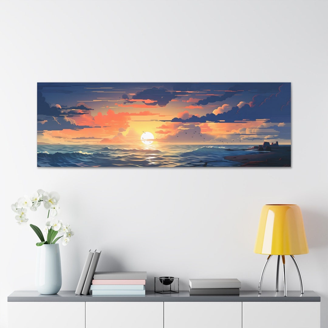 Pixel Art Oceanfront Panoramic Canvas Prints, 60″ X 20″, Sea Landscape ...