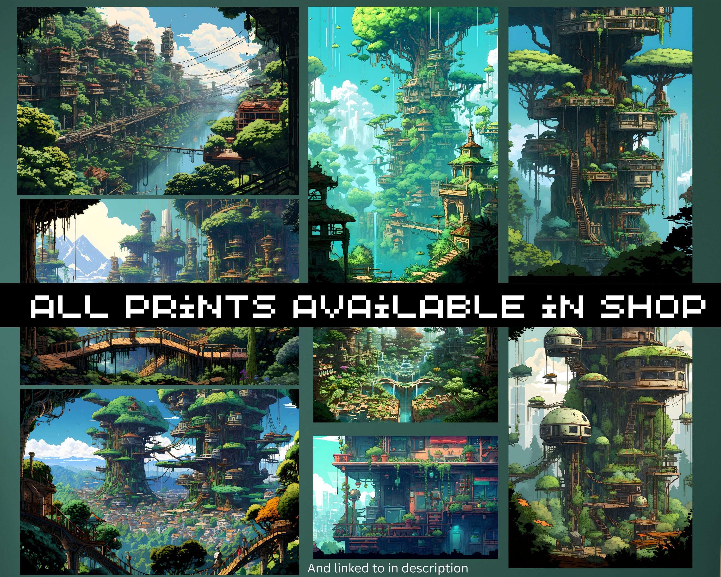 8 Bit Pixel Art Retro Futurism Art Solarpunk Futuristic Wall Art Green ...