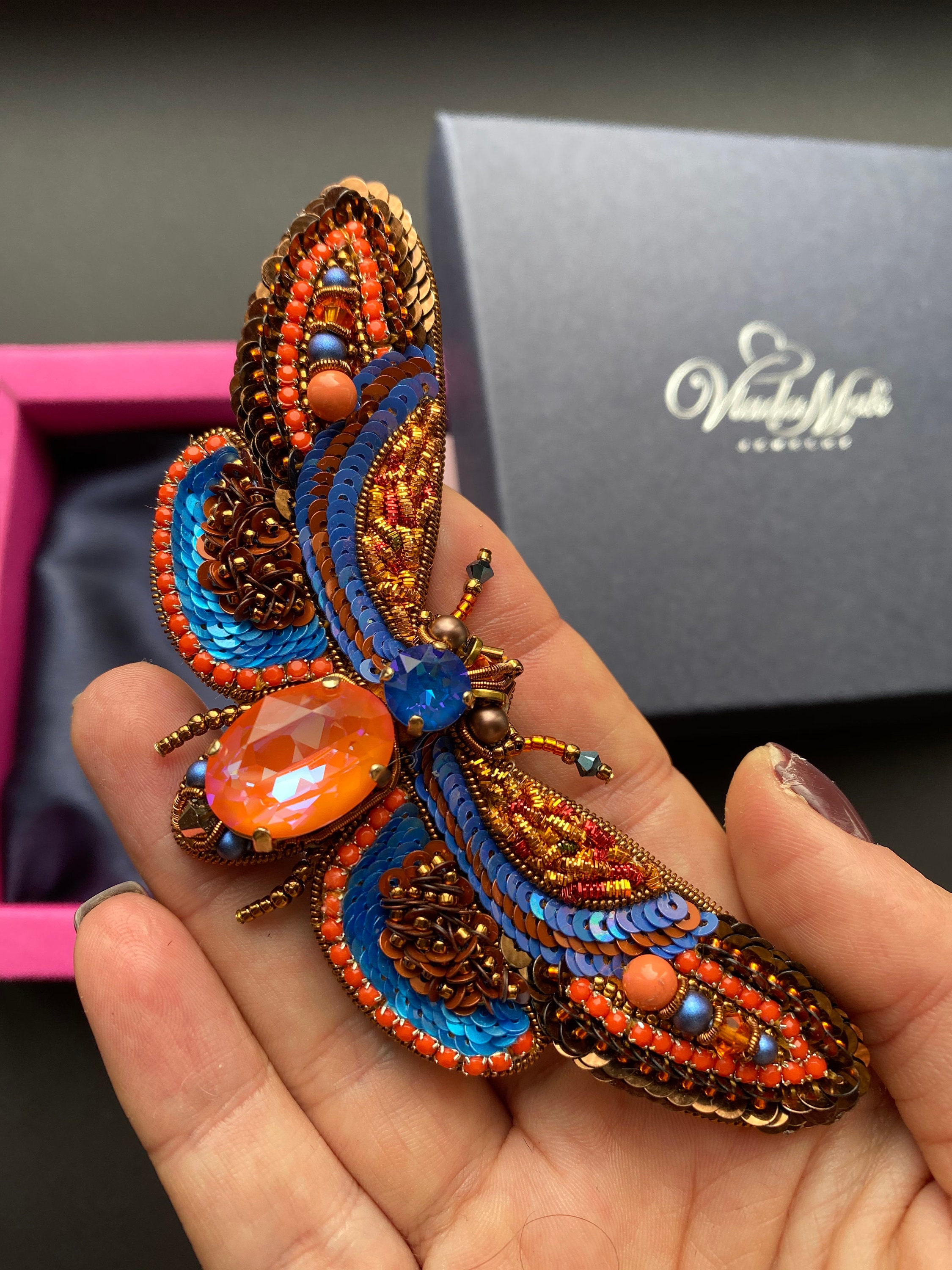 Orange and blue Insect brooch for butterfly lover bronze | Etsy