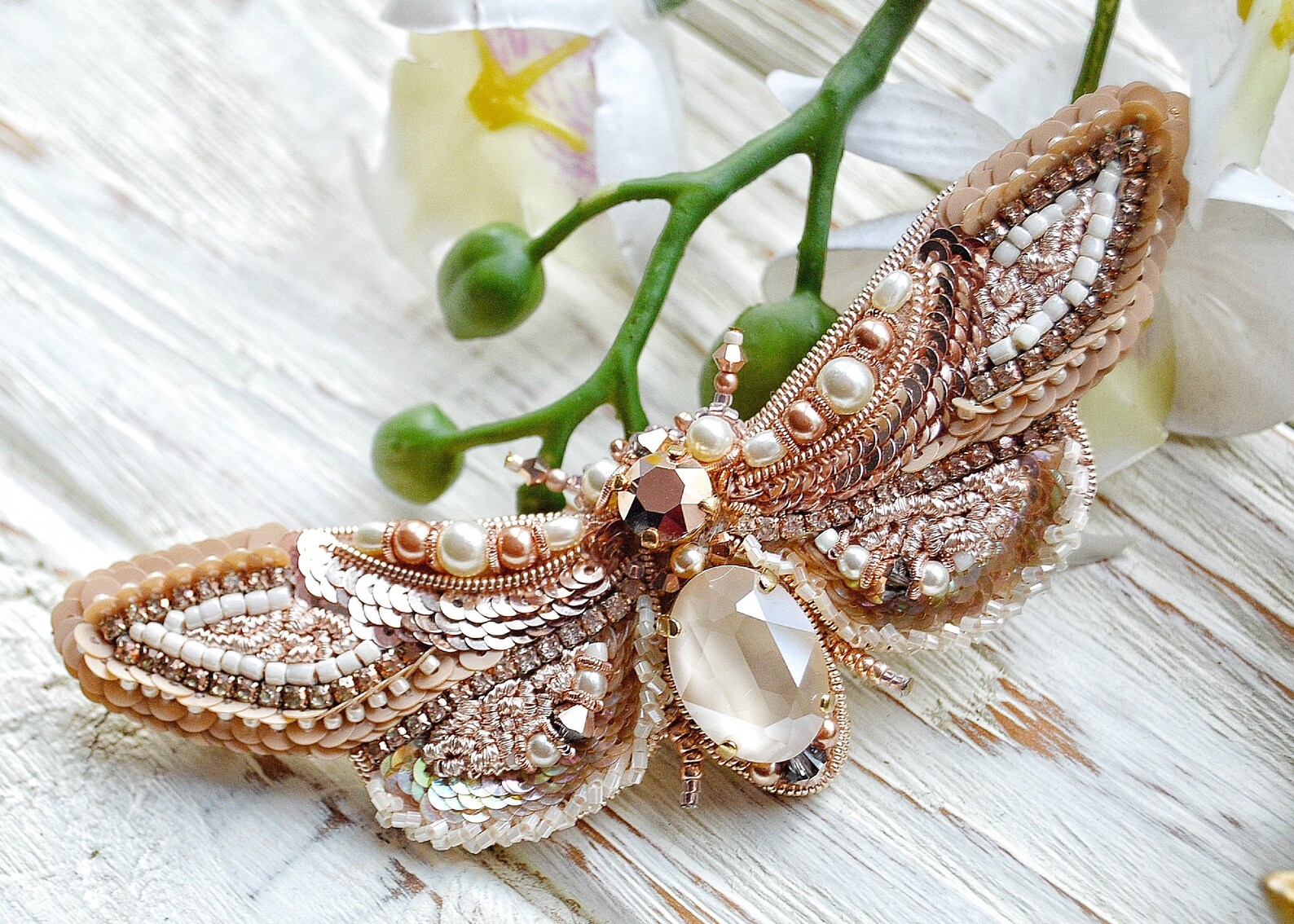 Gold rose Moth brooch for butterfly lover beige cicada pin of | Etsy