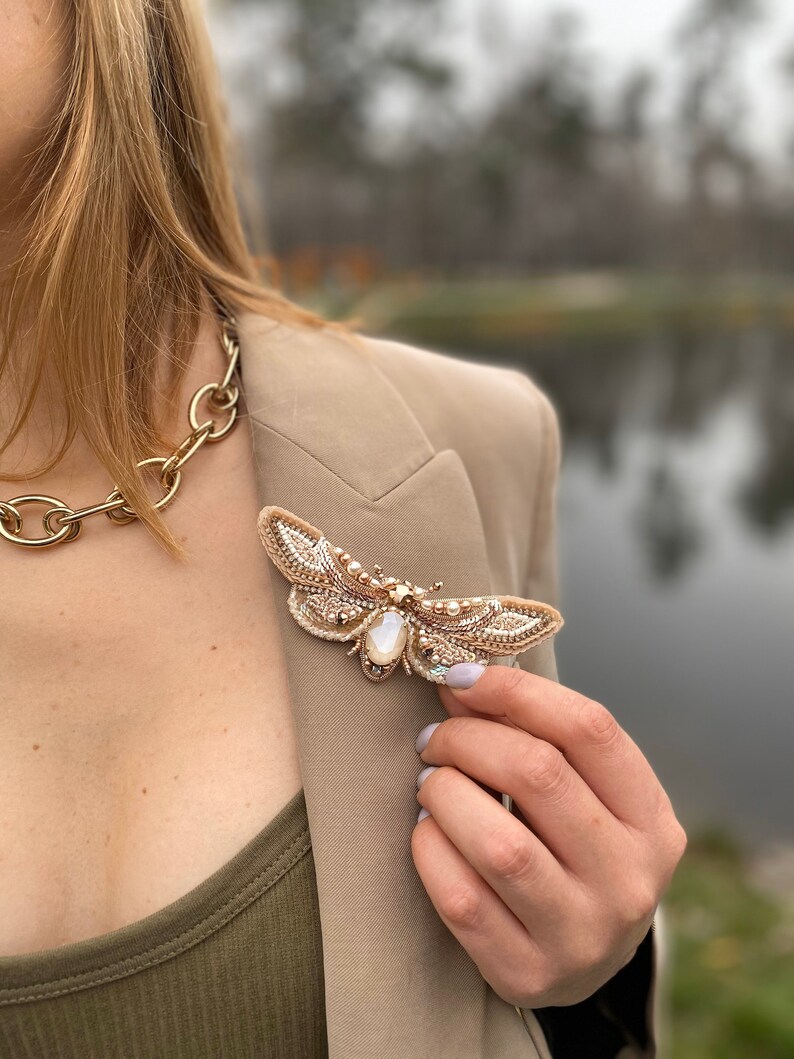 Gold rose Moth brooch for butterfly lover beige cicada pin of | Etsy