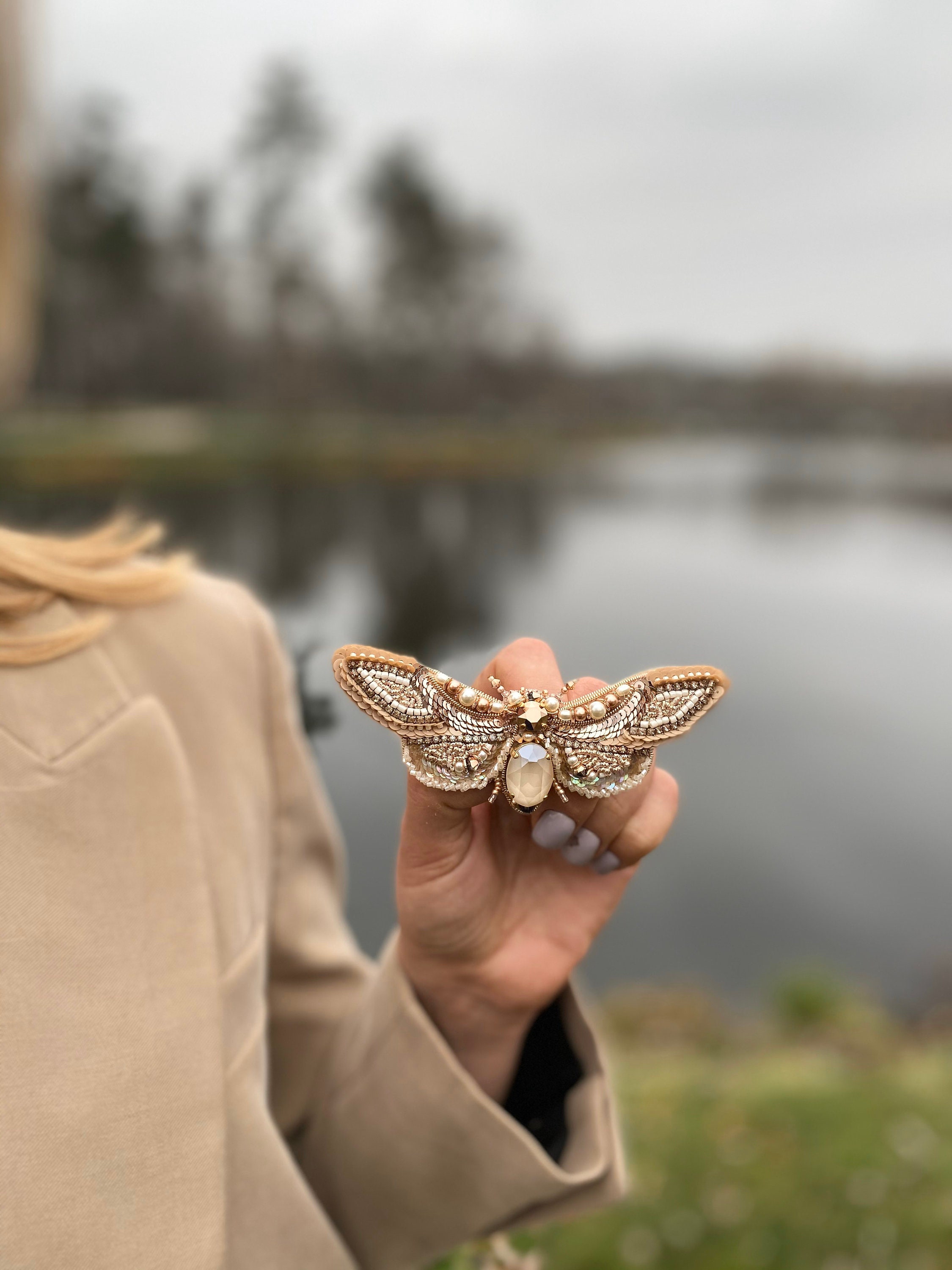 Gold Rose Moth Brooch for Butterfly Lover Beige Cicada Pin of - Etsy