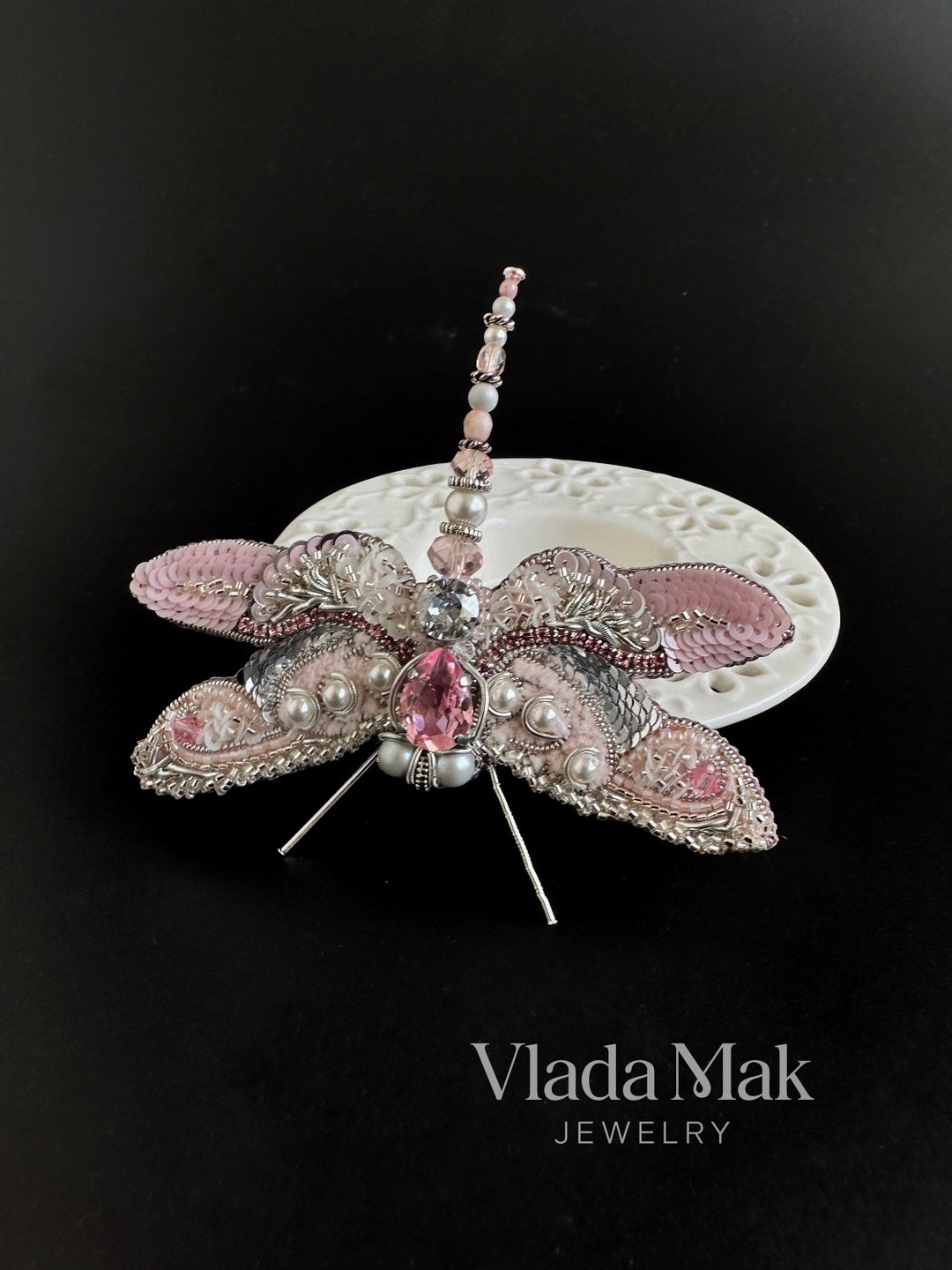 Powder Pink Dragonfly Brooch, Handmade Beaded Insect Pin for Clothes or ...