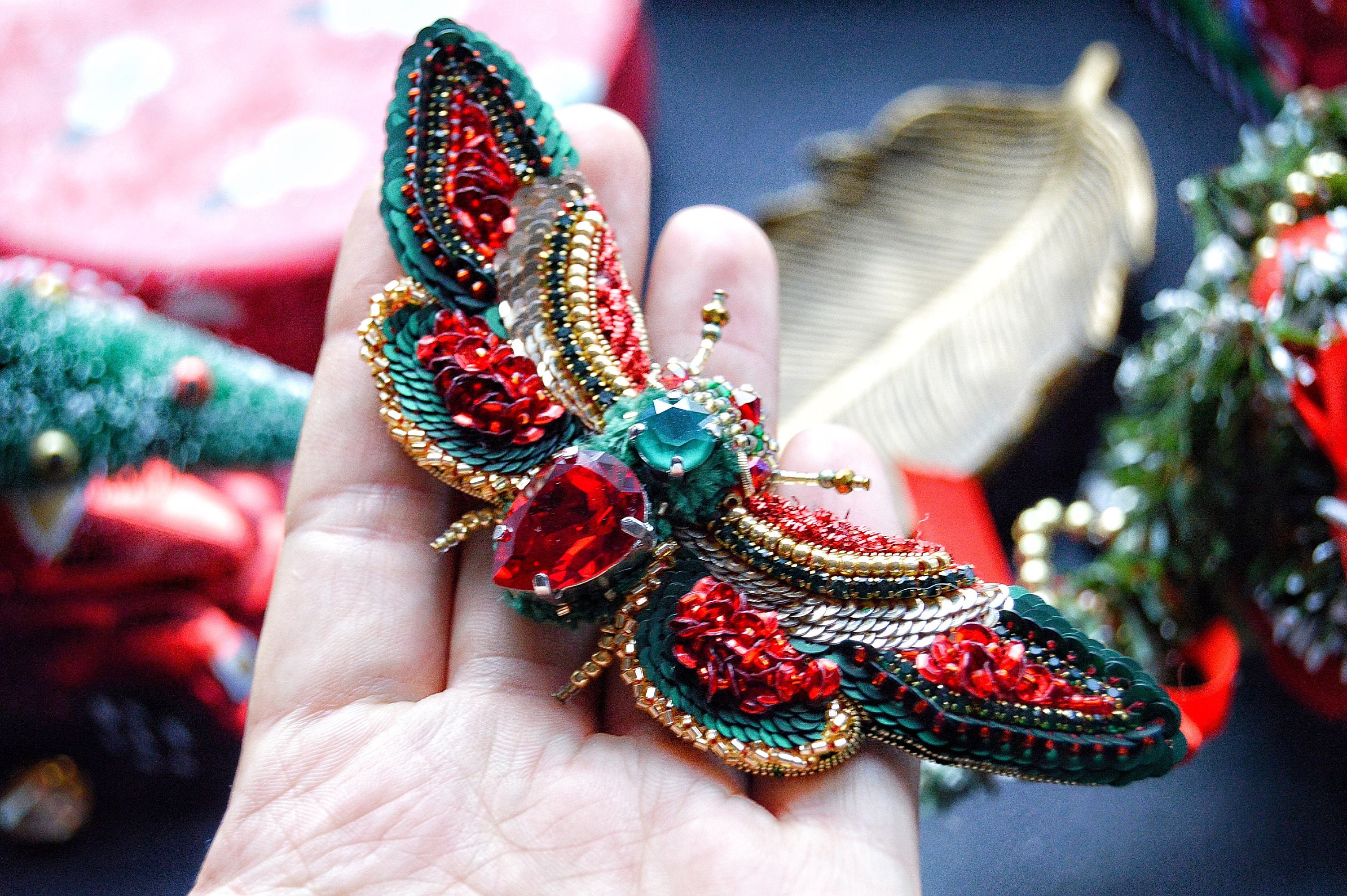 Christmas Insect Brooch for Butterfly Lover, Red Cicada Moth Pin of ...