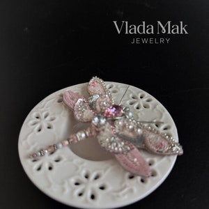 Powder Pink Dragonfly Brooch, Handmade Beaded Insect Pin for Clothes or ...