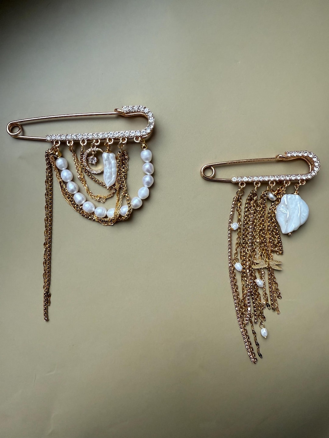 Gold Safety Pin Brooch With Chains, Freshwater Pearls & Charms - Etsy