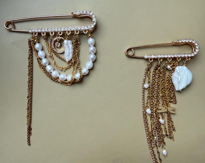Gold Safety Pin Brooch With Chains, Freshwater Pearls & Charms - Etsy