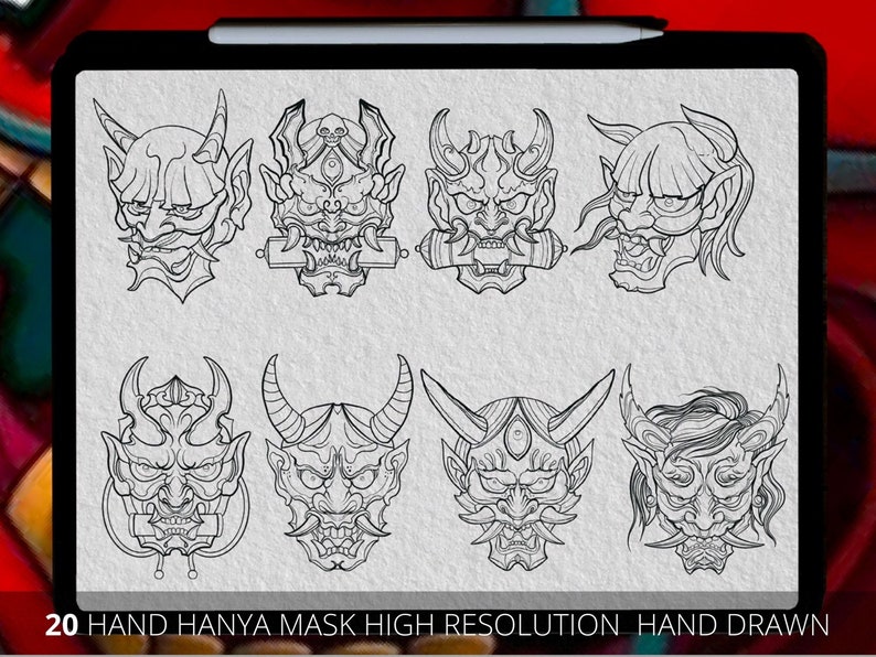 Hanya Mask Tattoo Brushes, Japanese Stencils for Procreate (digital ...