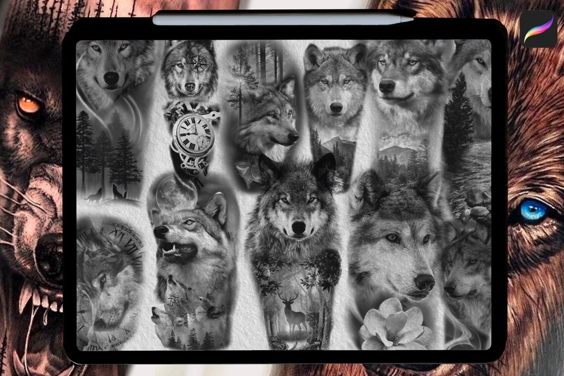 100 Wild Wolf Tattoo Designs, Procreate Stamps (PDF) - Etsy