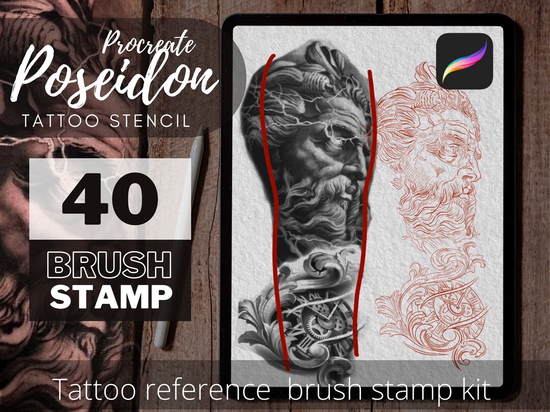 Poseidon Tattoo Brush Stamps, Greek Mythology Stencils (digital ...