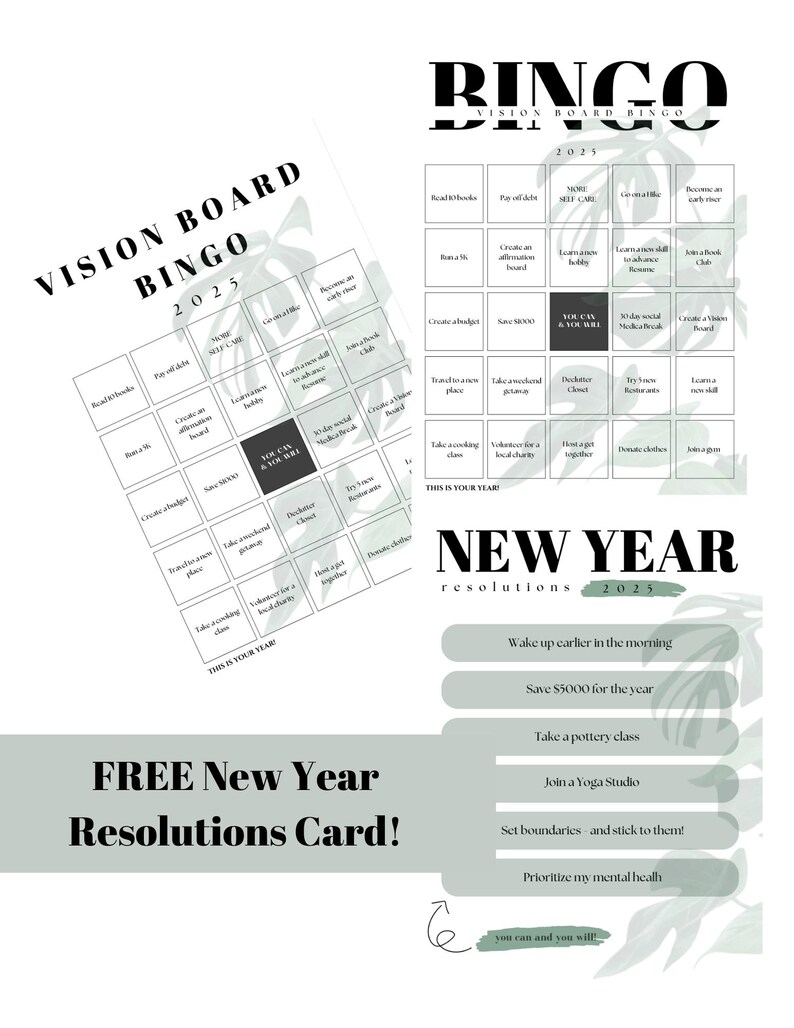 Vision Board Bingo Card - FREE New Year's Resolution Card Included - Etsy