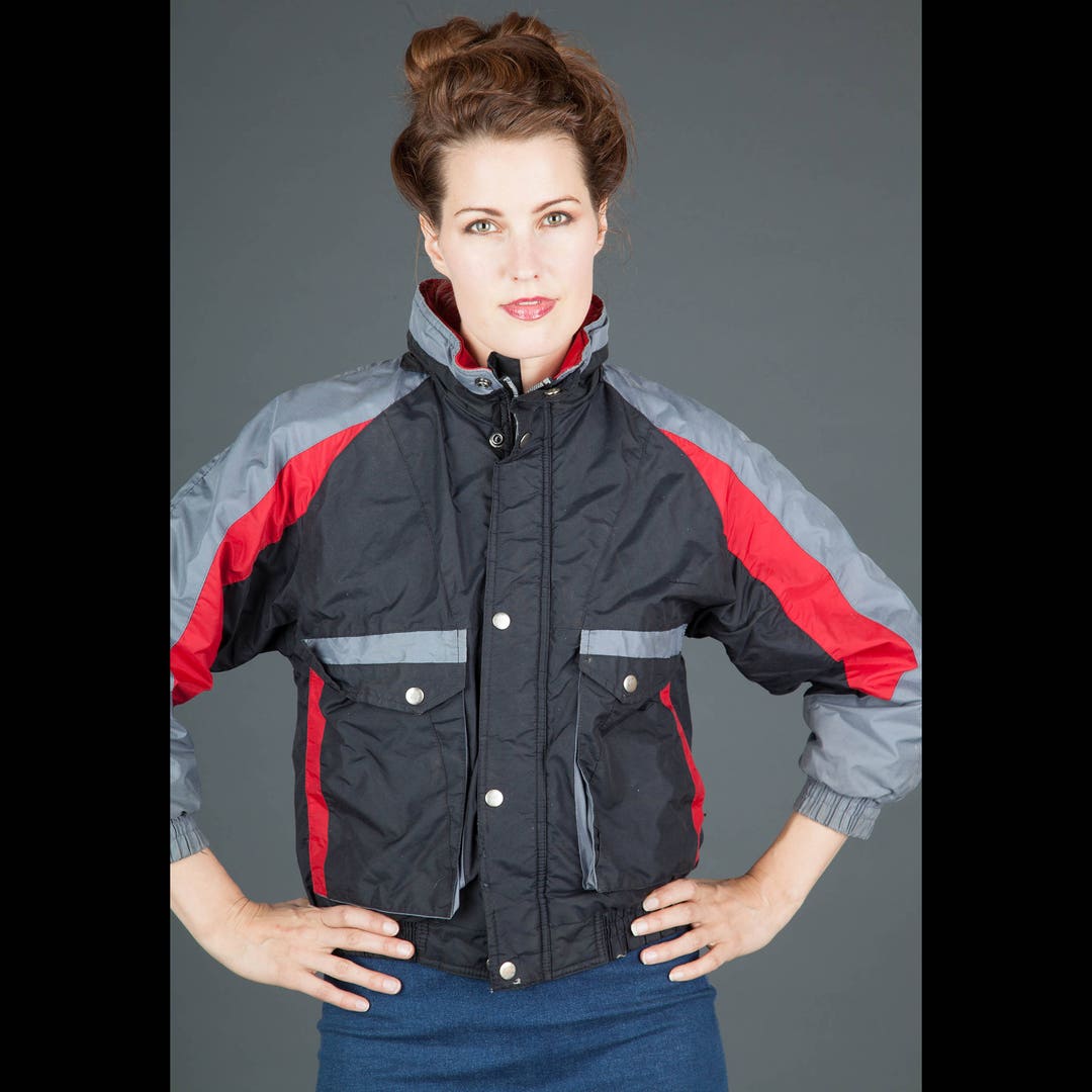 Retro 80's Ski Jacket Puffy Snowboarding Coat Black Red Silver Vintage ...