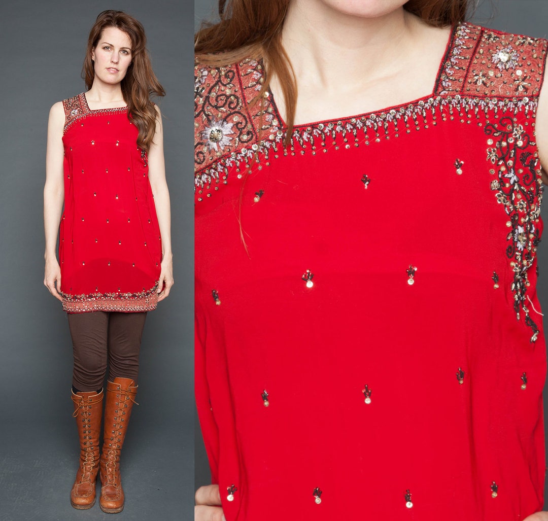 Stunning Red Silky India Dress Beaded Embroidered Tunic Ethnic Indian ...