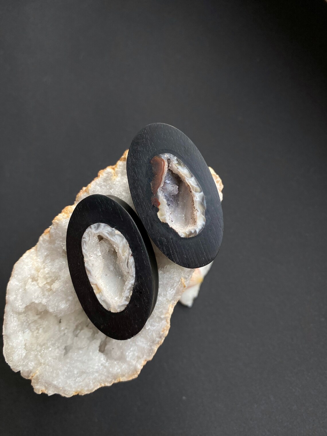30 Mm Geode Plugs. Black Wood Plugs With Geode Inlay. Druse - Etsy