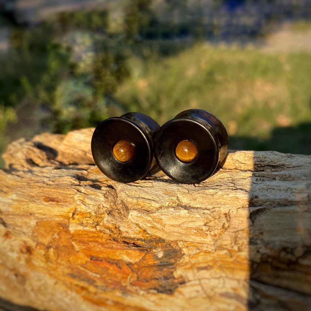 16 Mm Tiger Eye Plugs. 5/8 Stone Plugs. Concave Black Plugs. - Etsy